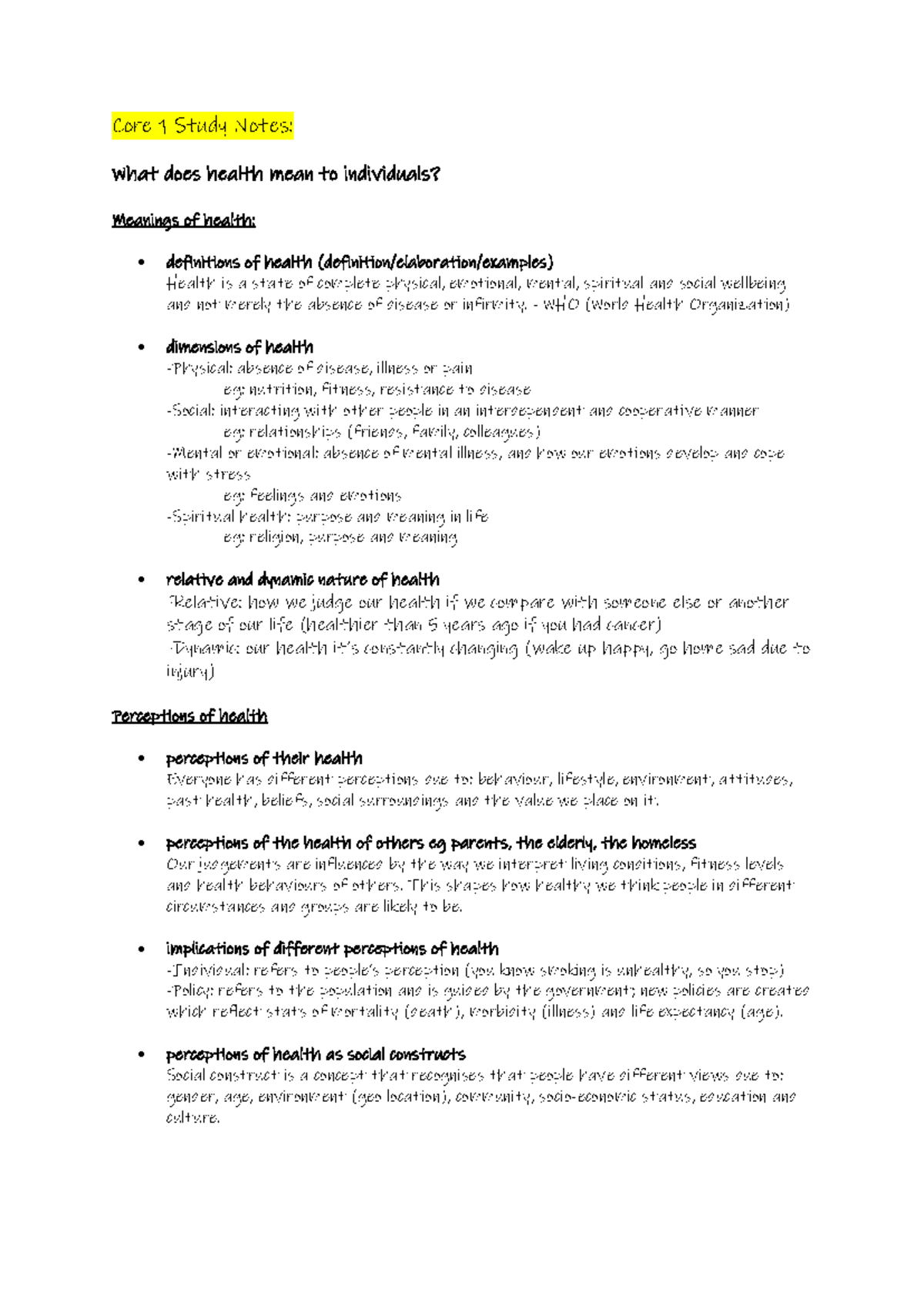 Study Notes Core 1 Pdhpe (better health for individuals) - Studocu