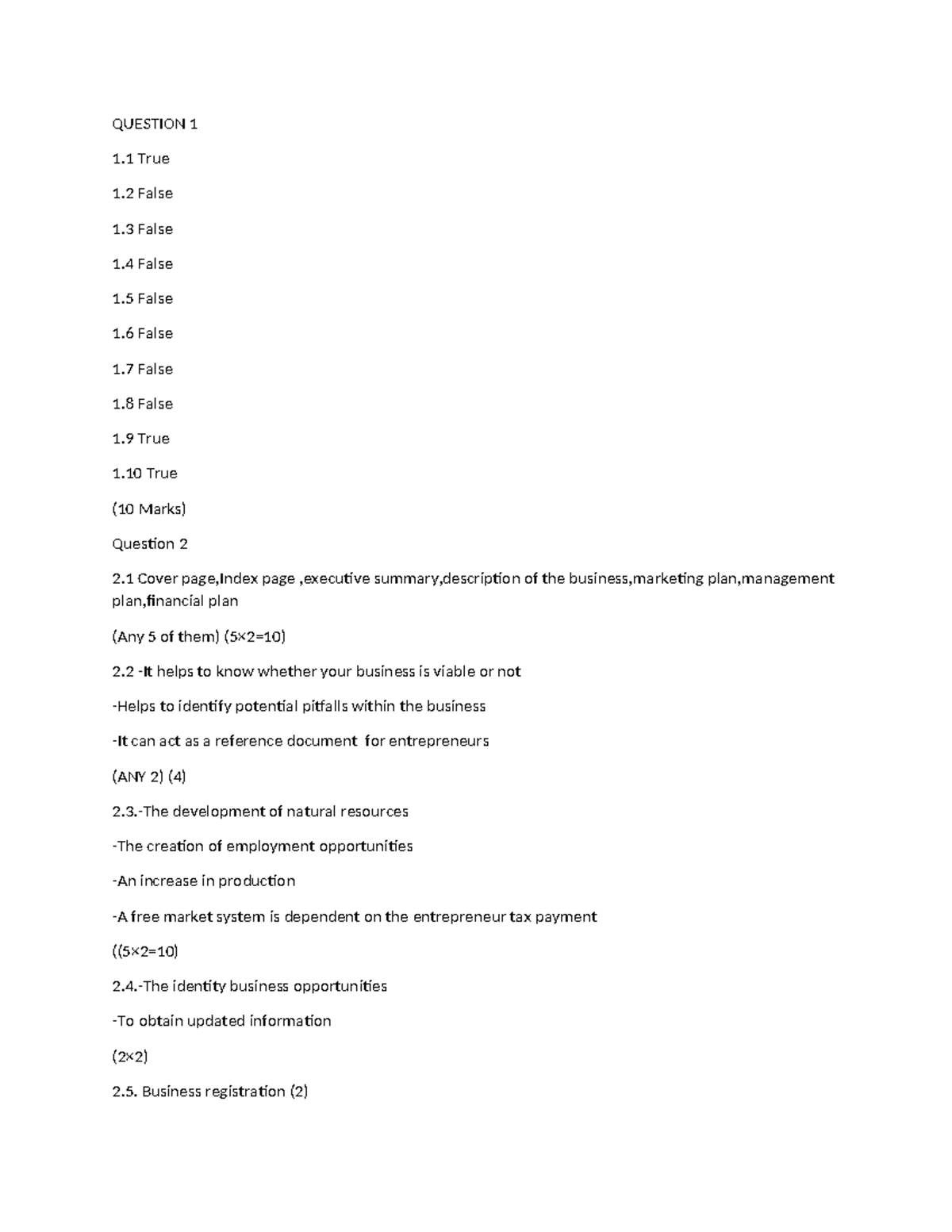 Business management notes and test examples - QUESTION 1 1 True 1 False ...