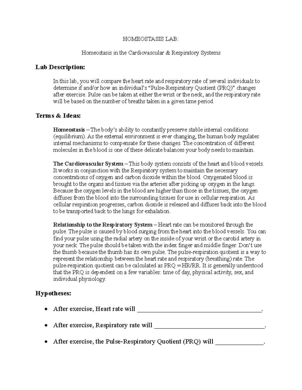 Homeostasis Lab Updated - HOMEOSTASIS LAB: Homeostasis in the ...
