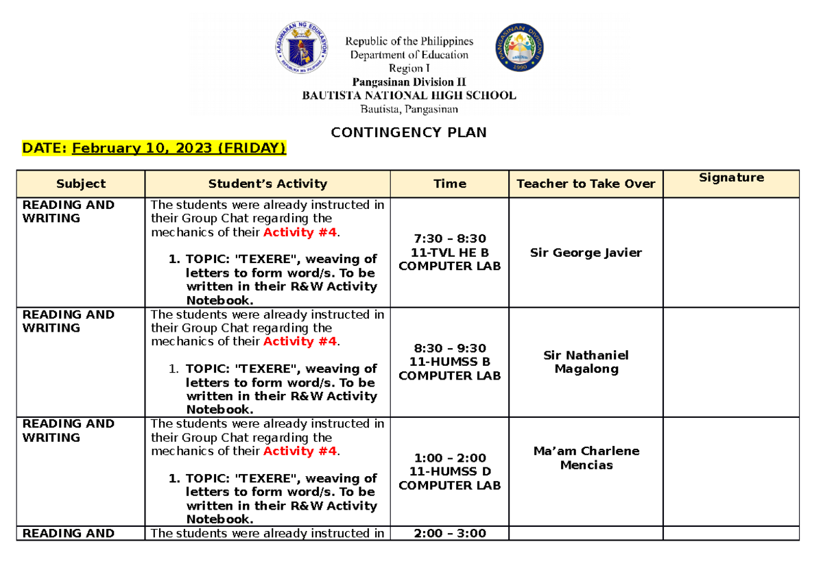 Contigency PLAN (February 10, 2023) Castillo, John Melvin - CONTINGENCY PLAN DATE: February 10 ...