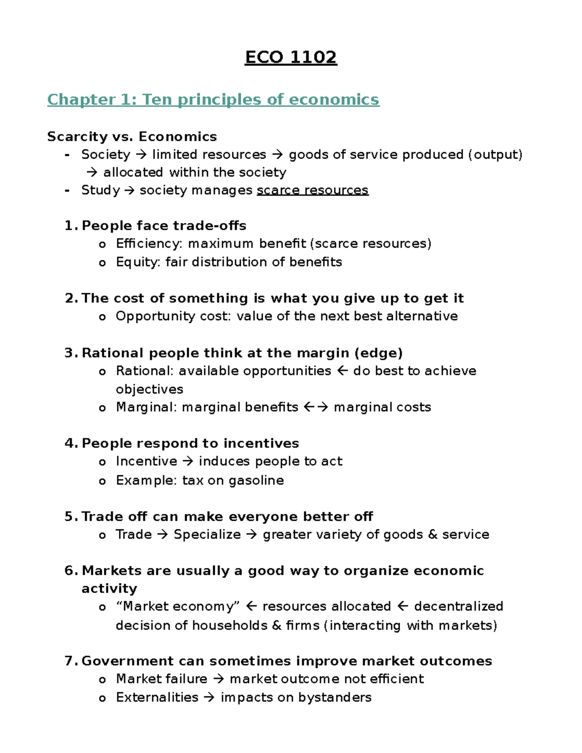 ECO 1102 - Elise Critoph - ECO 1102 Chapter 1: Ten principles of economics Scarcity vs ...