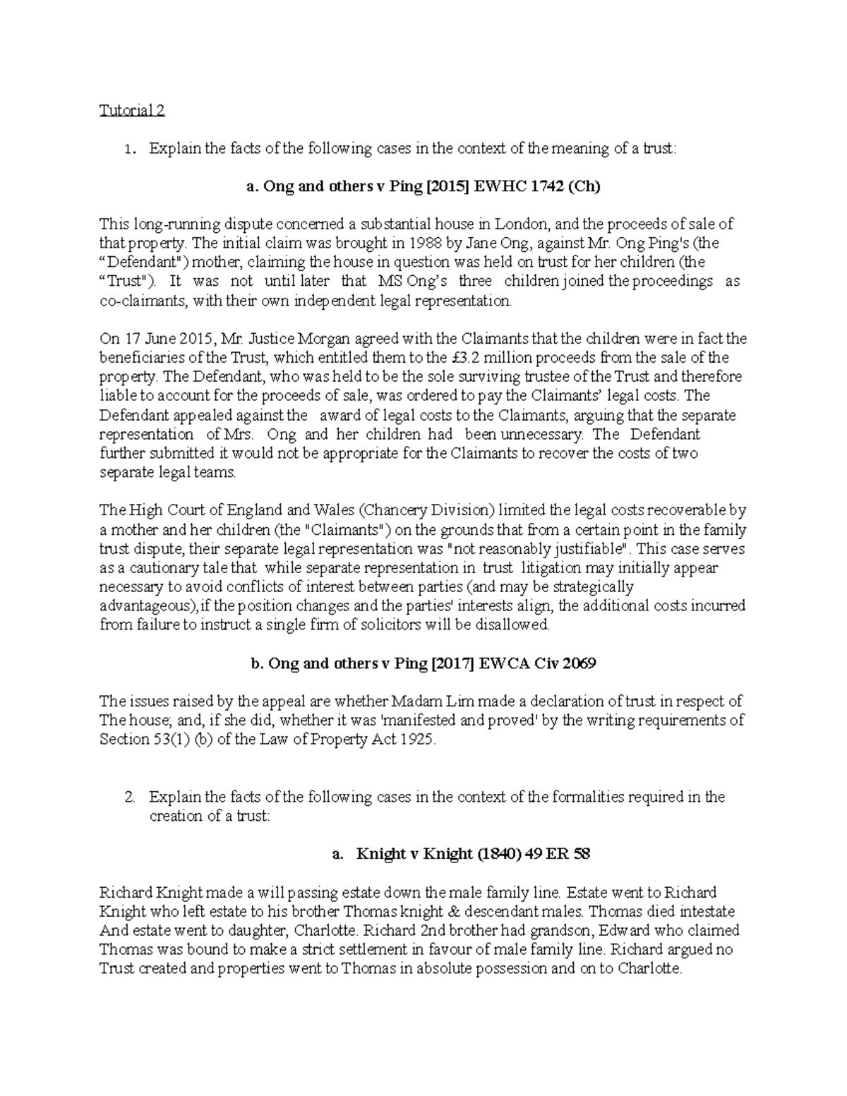 Tutorial 2 Equity and Trust - Tutorial 2 Explain the facts of the ...