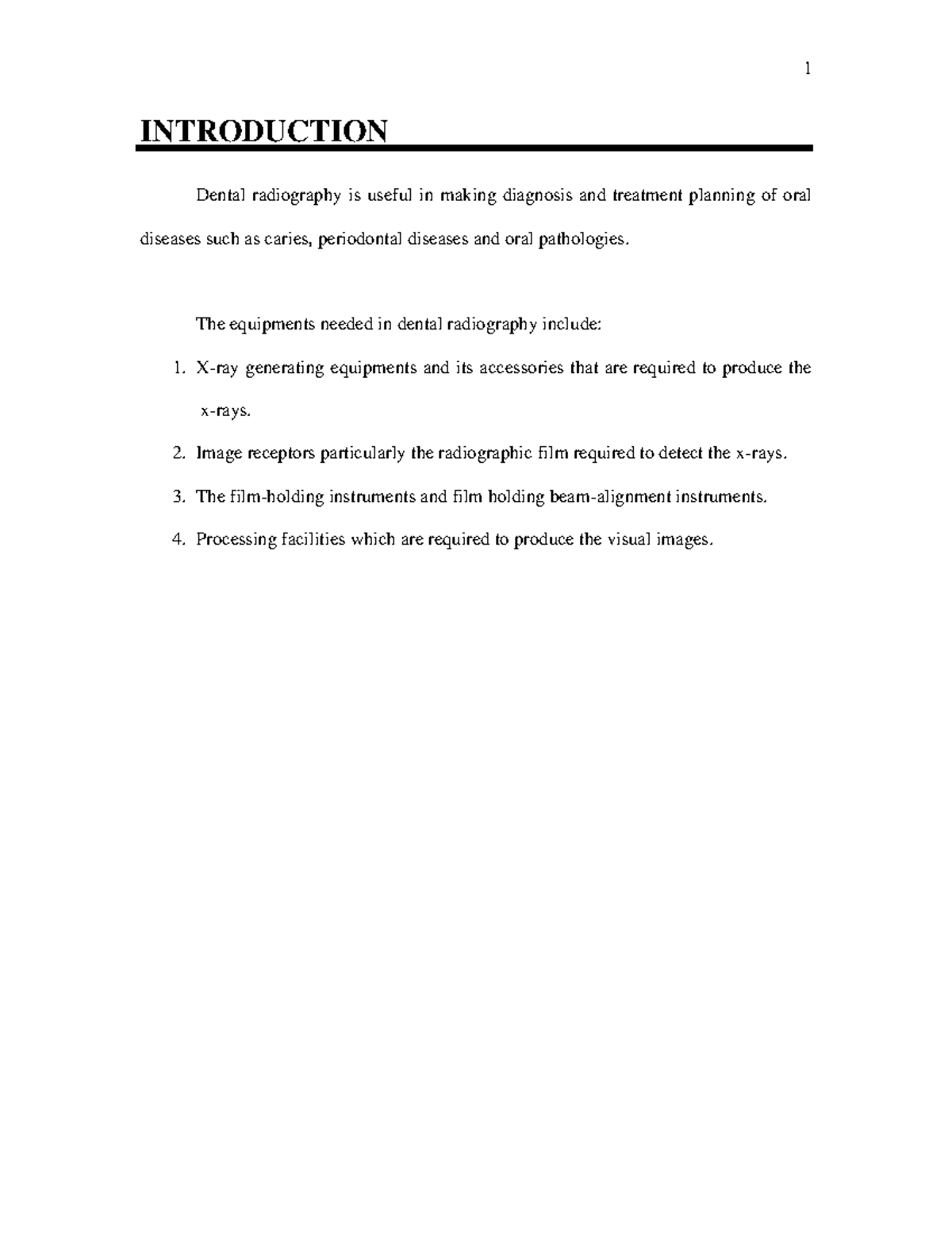 Dental Radiography Assignment - Equipment - INTRODUCTION Dental ...
