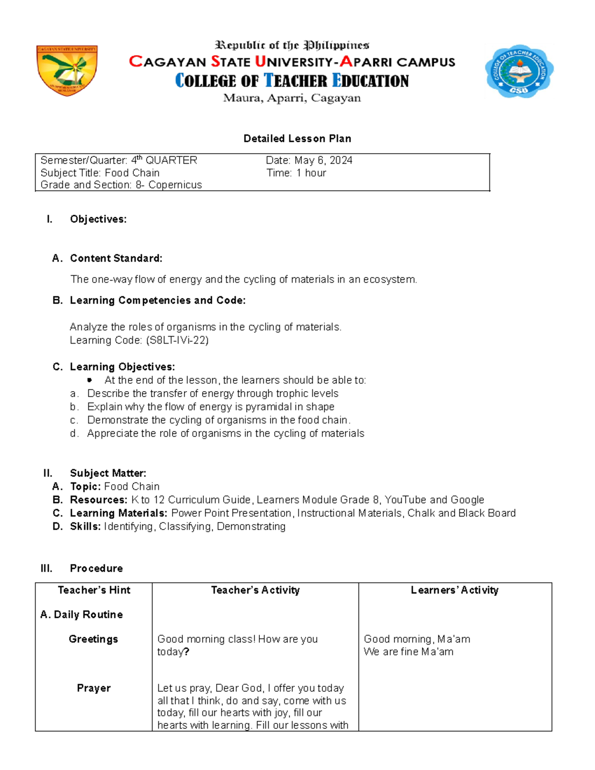 Final DEMO- DLP - Detailed Lesson Plan Semester/Quarter: 4th QUARTER ...