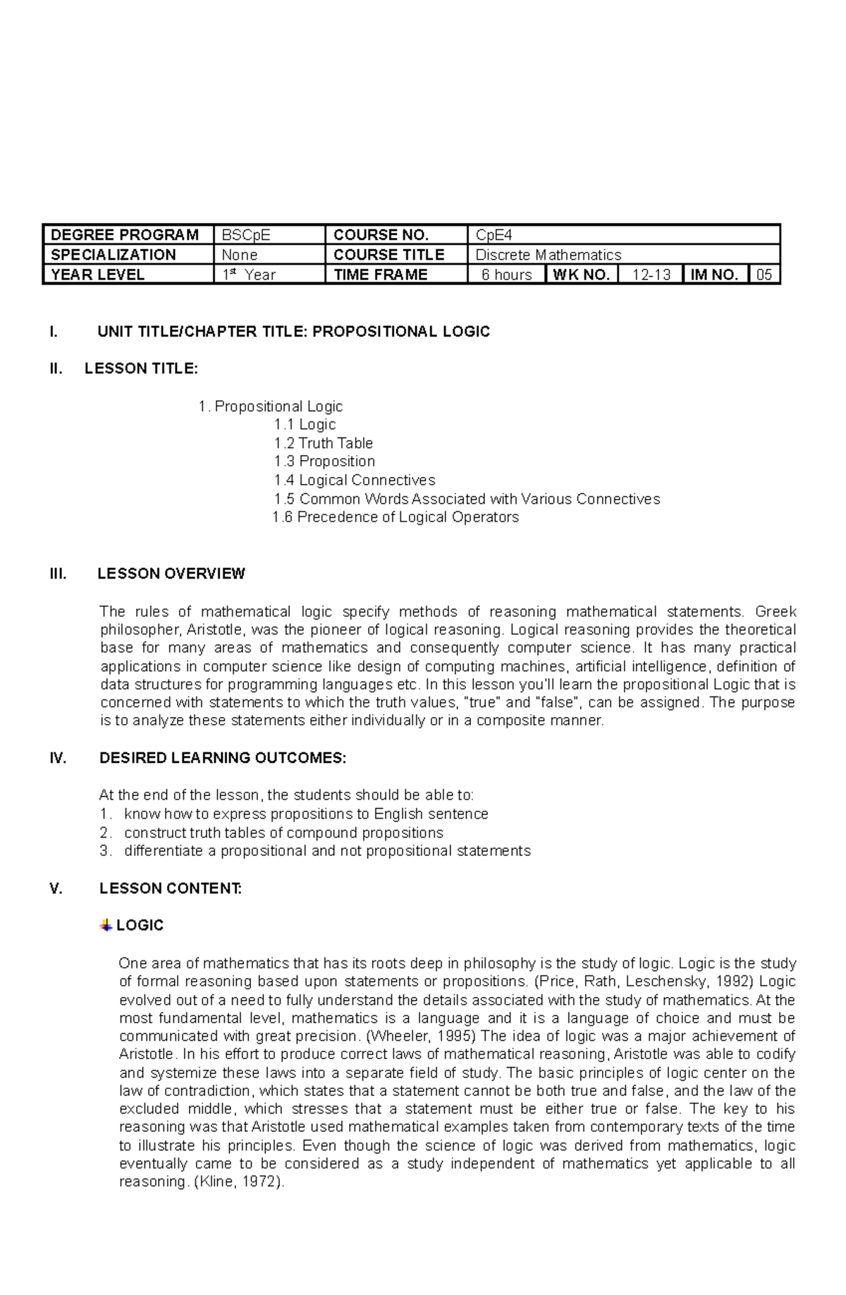Instructional Module 5 - Propositional Logic - DEGREE PROGRAM BSCpE COURSE NO. CpE ...