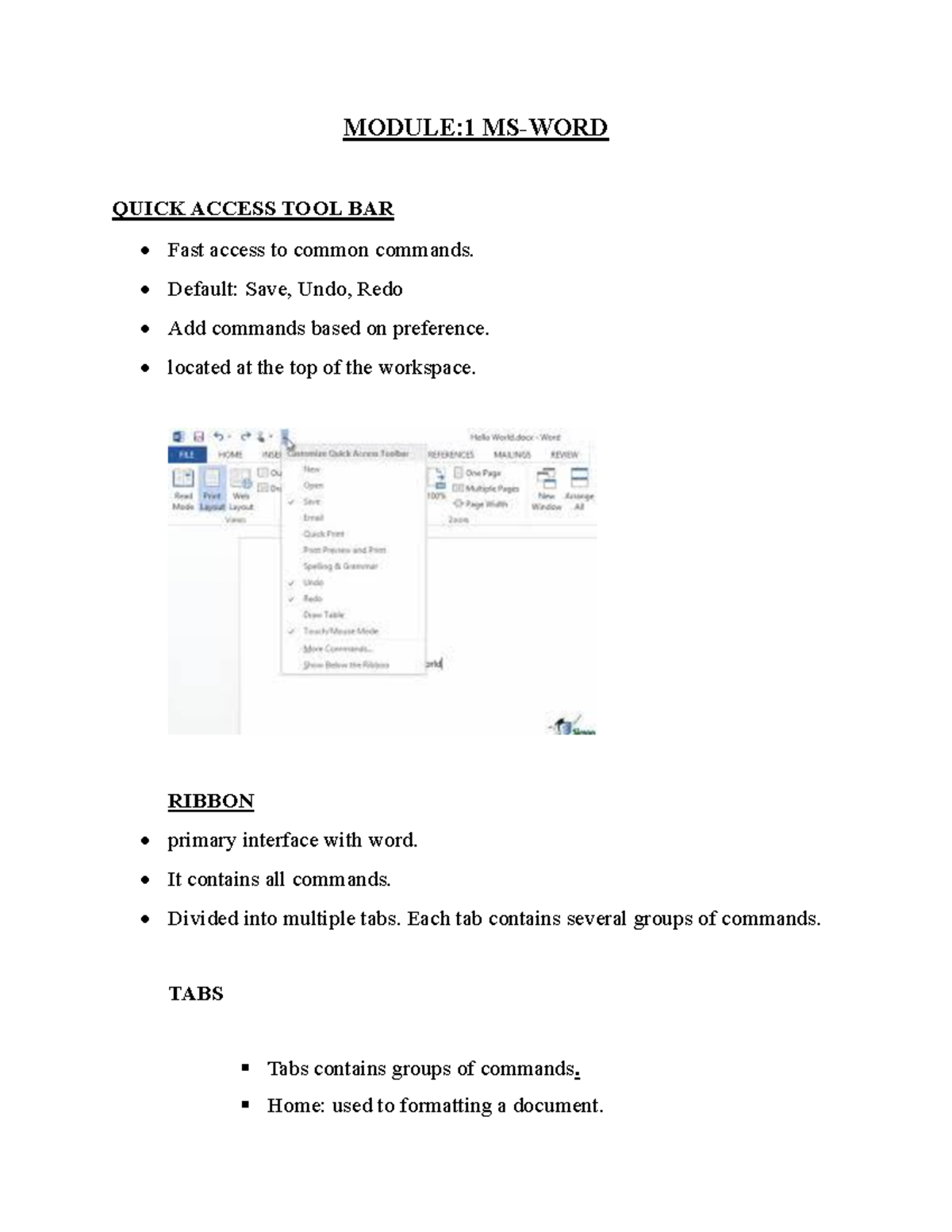 Information technology for office - MODULE:1 MS-WORD QUICK ACCESS TOOL ...