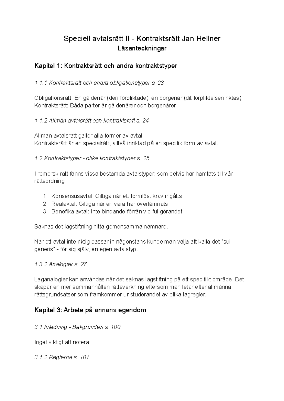 Läsanteckningar Speciell avtalsrätt II - Kontraktsrätt Jan Hellner ...