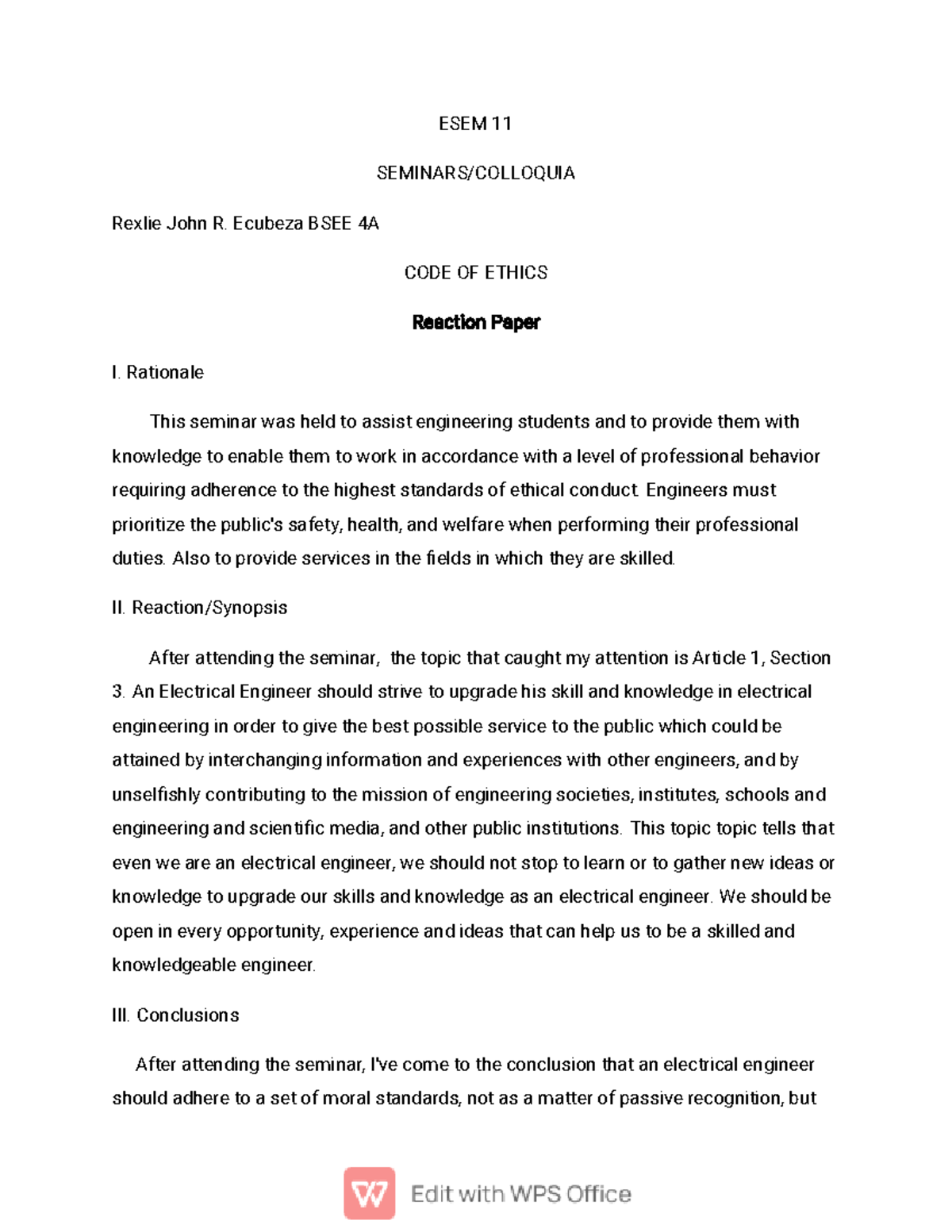 Ecubeza- Reaction Paper (CODE OF Ethics) - ESEM 11 SEMINARS/COLLOQUIA ...