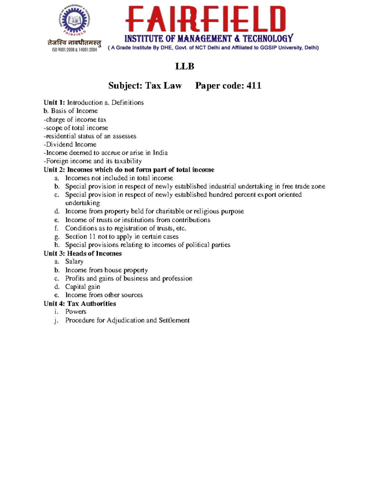 Bba llb notes company - LLB Subject: Tax Law Paper code: 411 Unit 1 ...