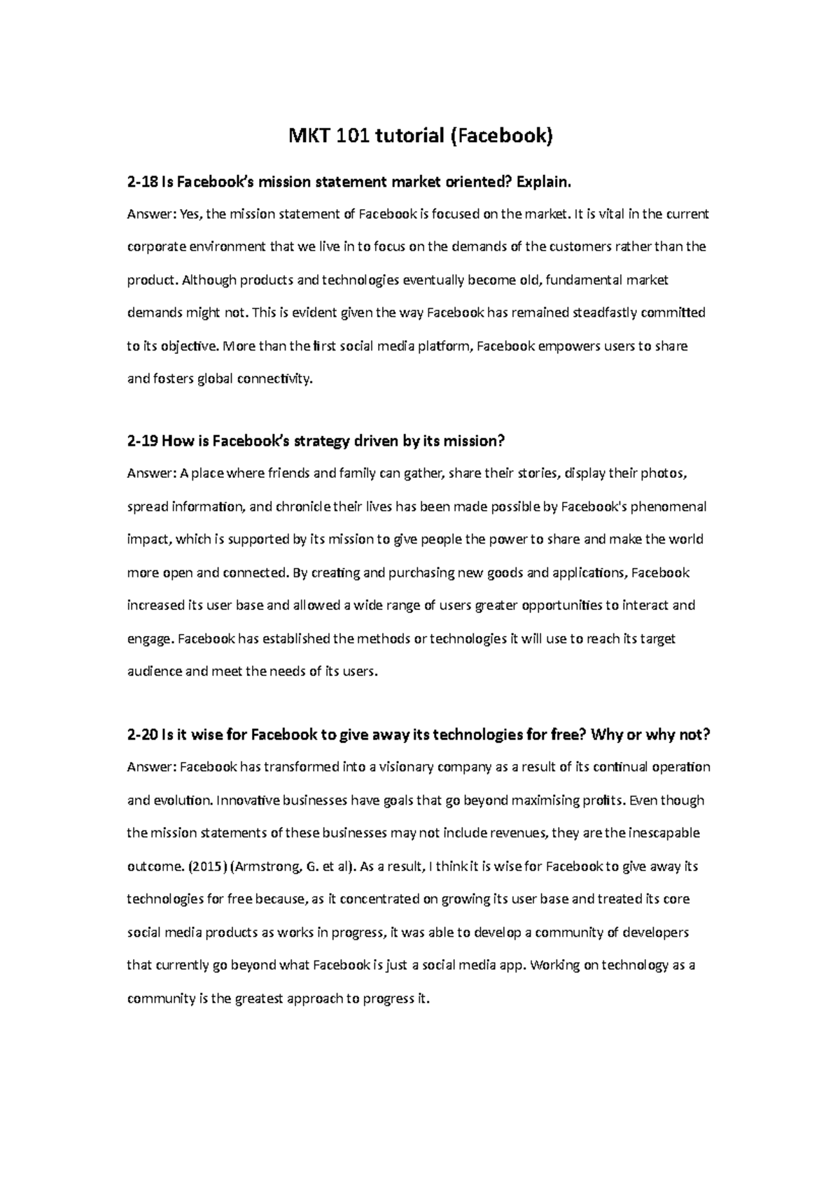 MKT101 Tutorial(facebook) anonymous - MKT 101 tutorial (Facebook) 2-18 Is Facebook’s mission ...