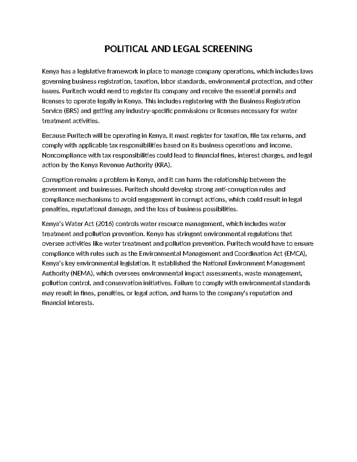 359 assignment - POLITICAL AND LEGAL SCREENING Kenya has a legislative ...