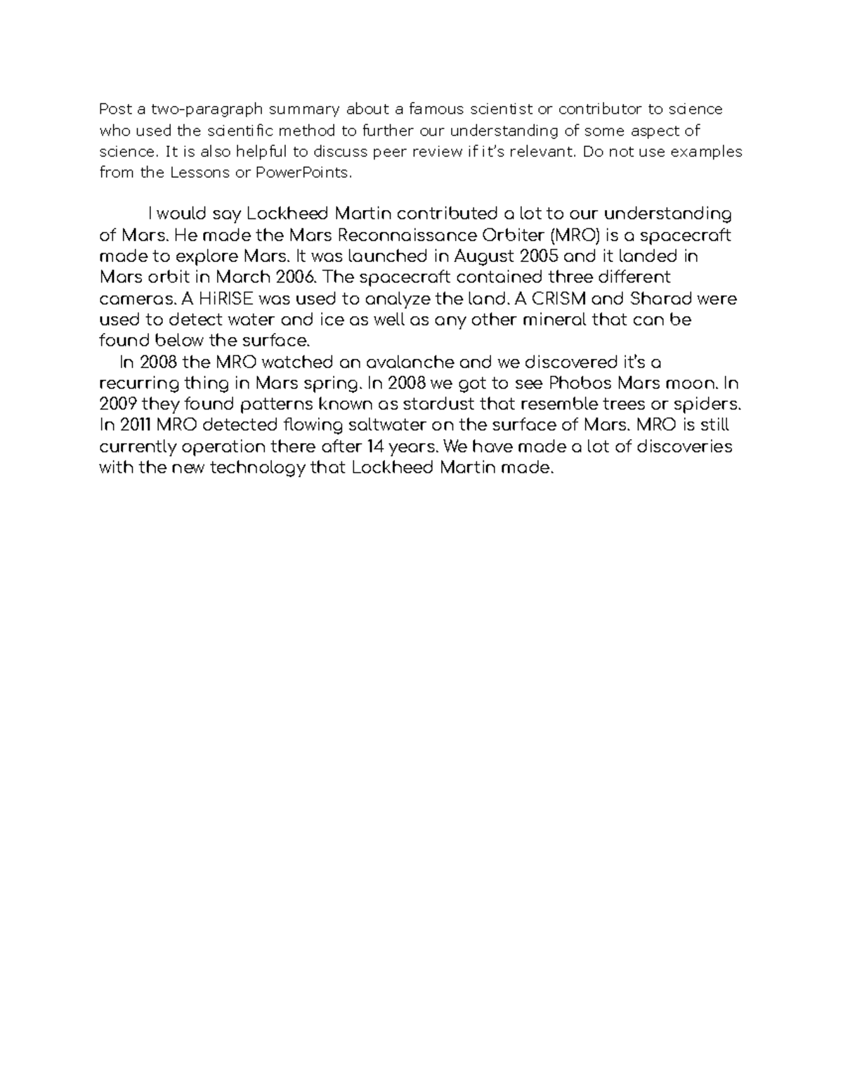 Assignment 1 Introduction to Science - Post a two-paragraph summary ...