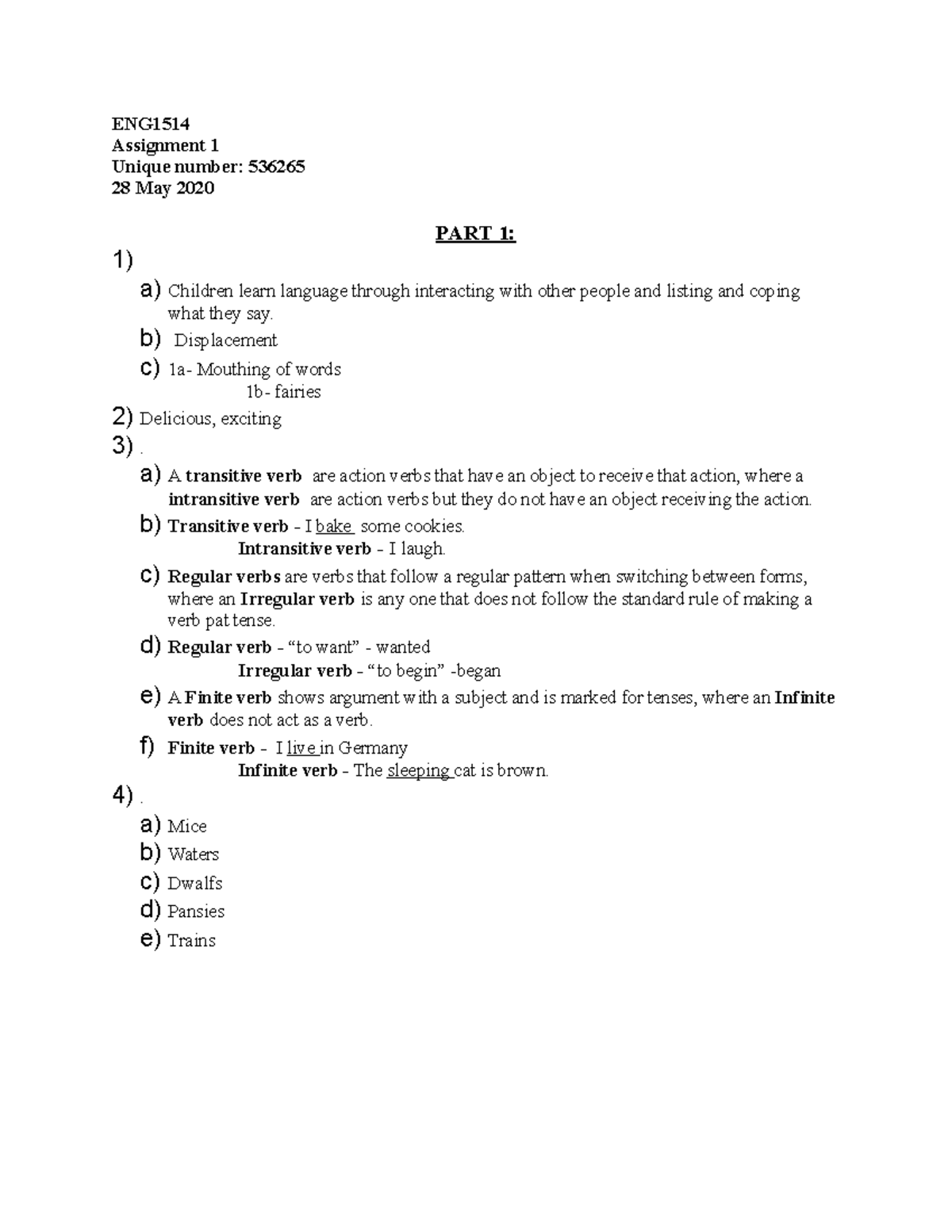 ENG1514 Assignment 1 - ENG Assignment 1 Unique number: 536265 28 May 2020 PART 1: 1) a)Children ...