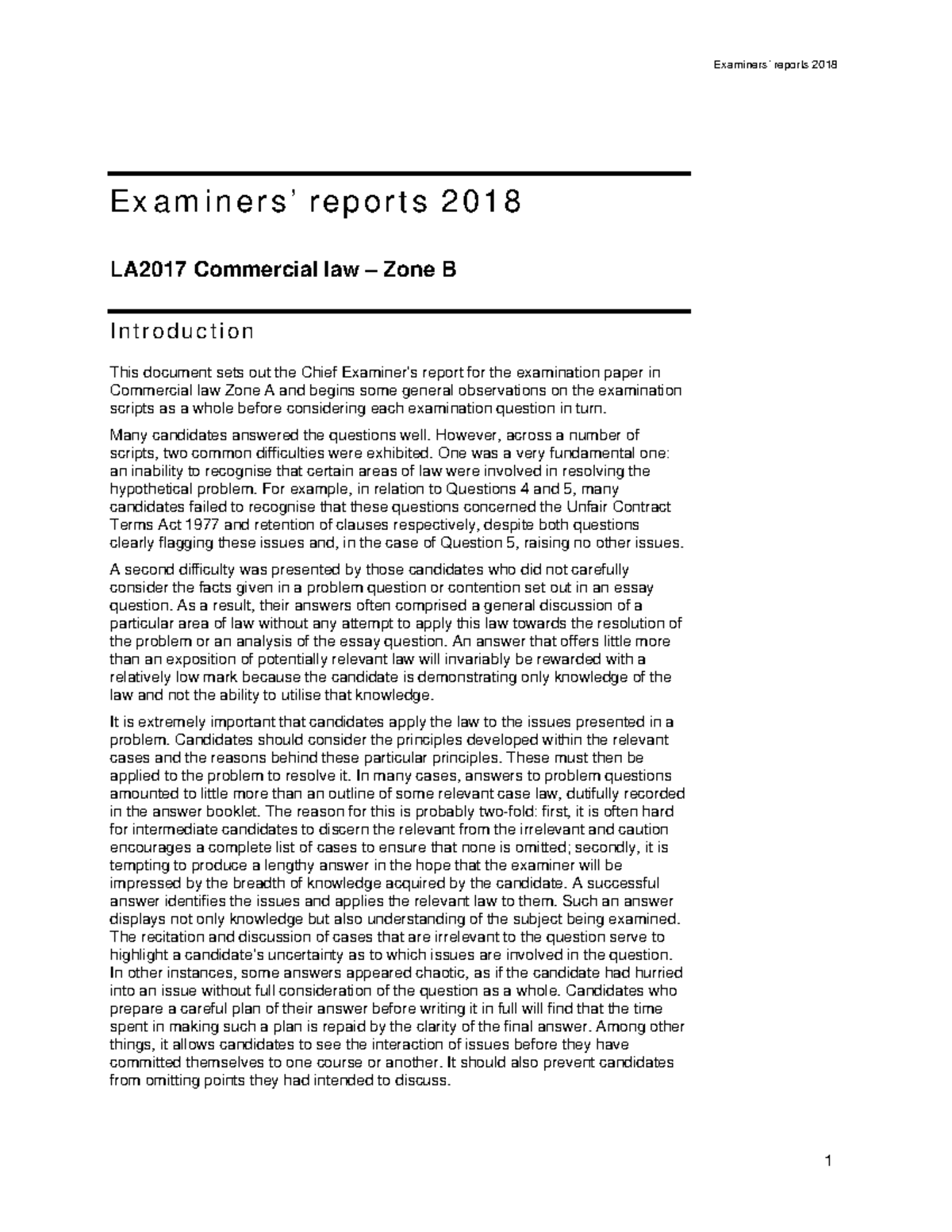 Exam 2018, questions and answers - Examiners’ reports 2018 Examiners ...