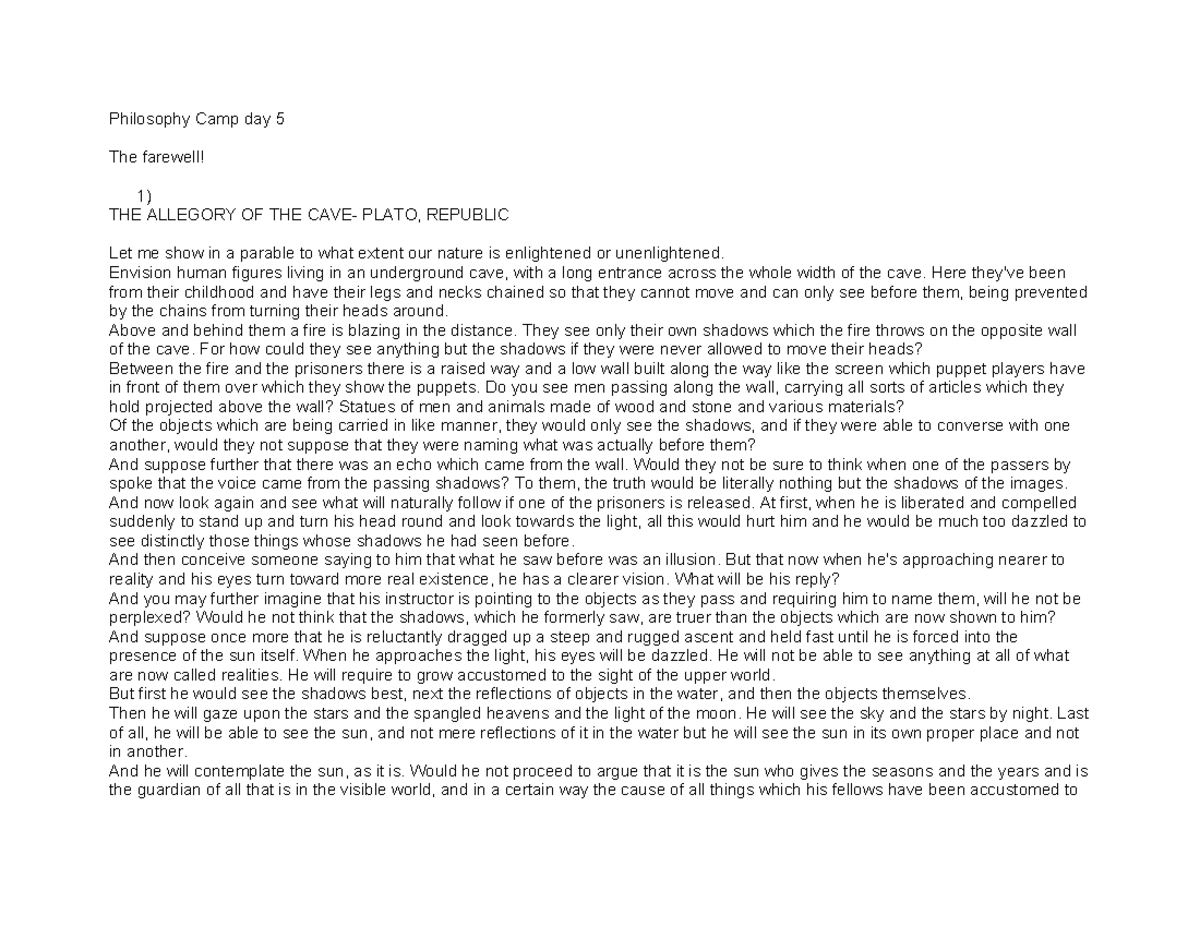 Plato's allegory of the cave - Philosophy Camp day 5 The farewell! 1 ...