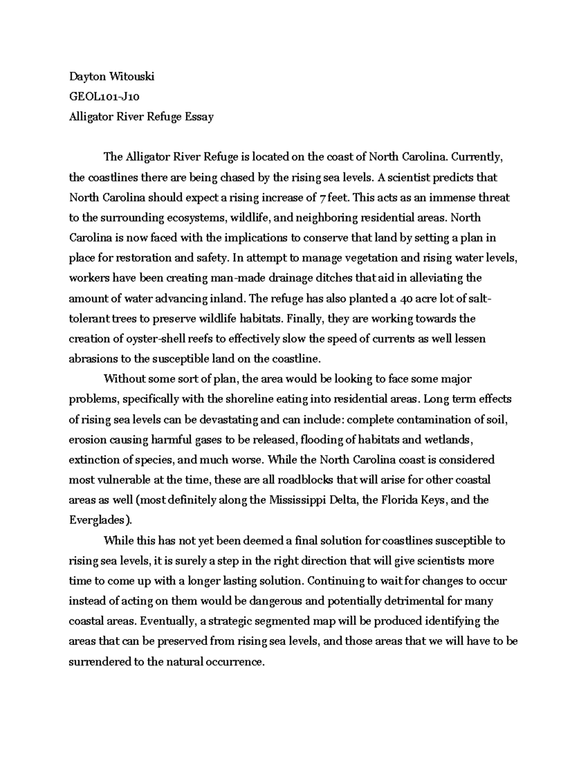 Alligator Essay - Grade: A - Dayton Witouski GEOL101-J Alligator River ...