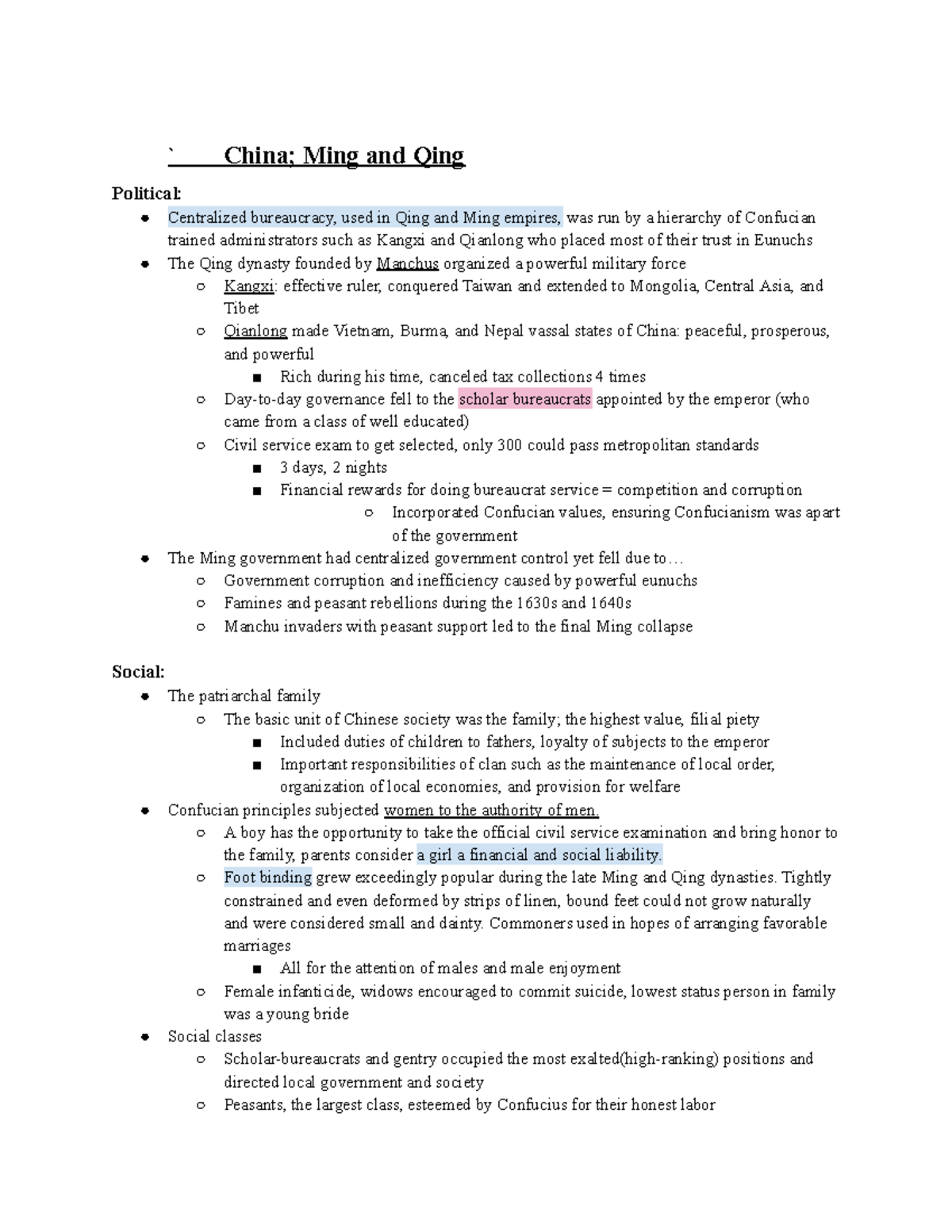 APWH CH 26 27 - notes - ` China; Ming and Qing Political: Centralized ...