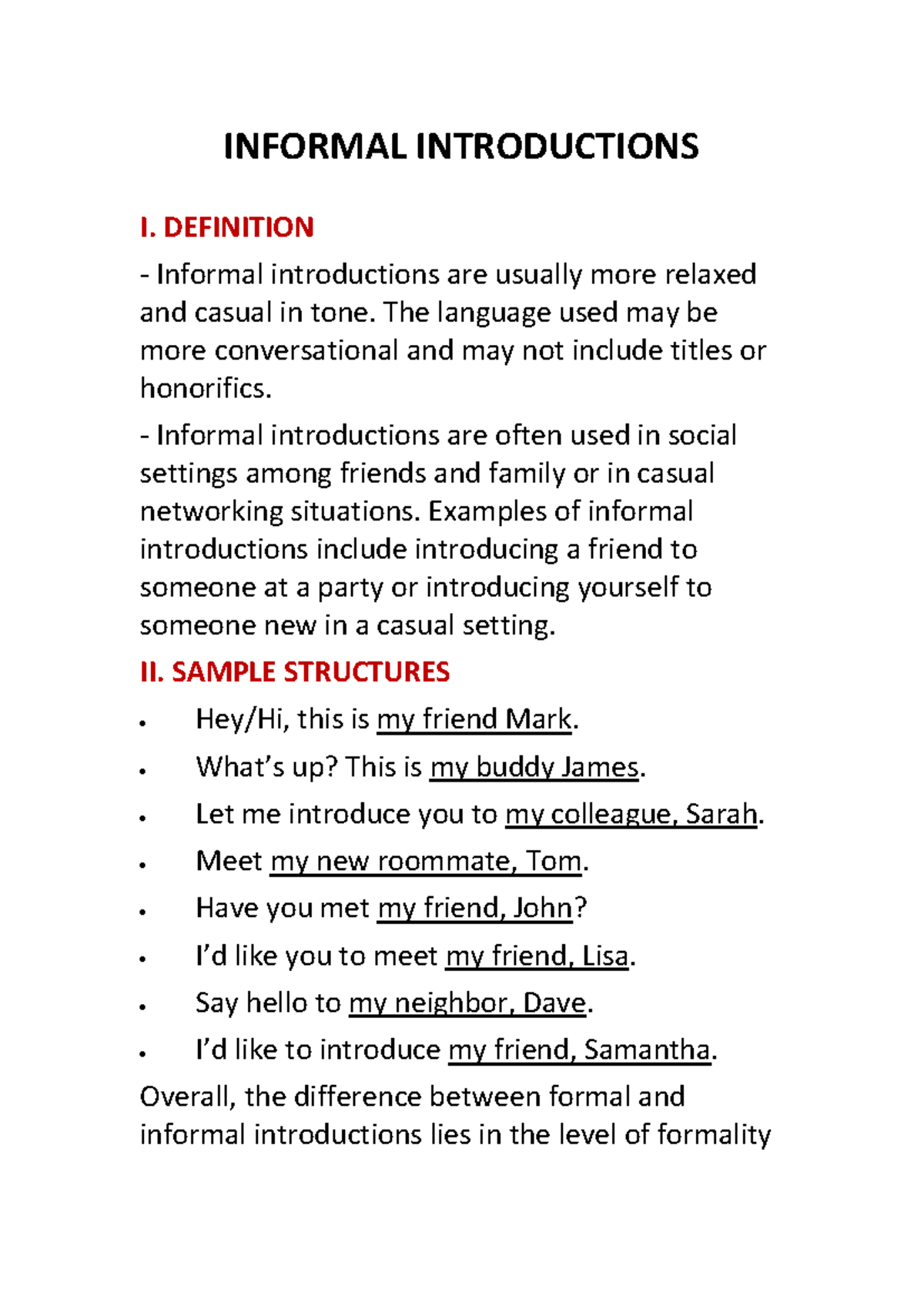 Informal Introductions - INFORMAL INTRODUCTIONS I. DEFINITION Informal ...