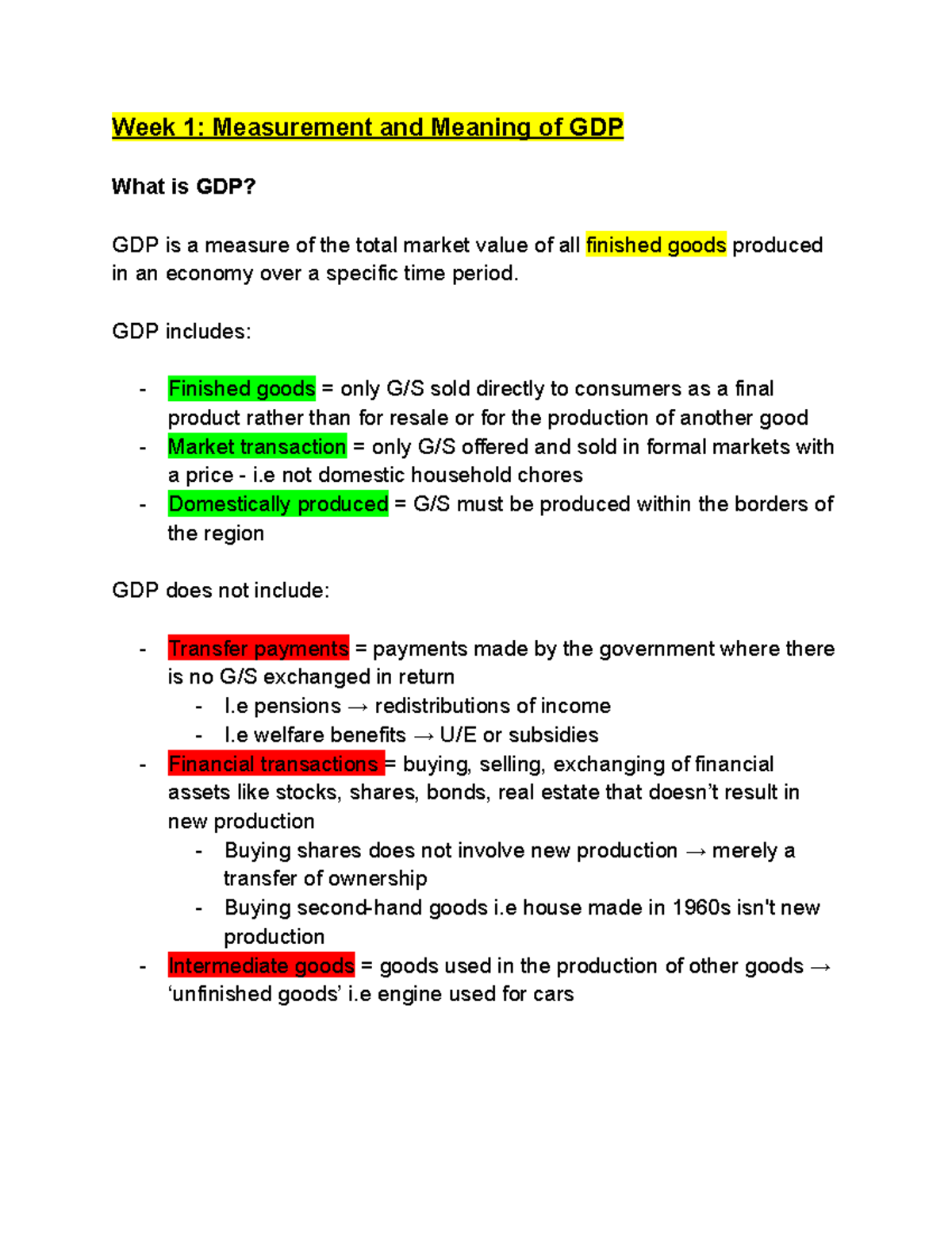 Macro Summary Notes - ####### Week 1: Measurement and Meaning of GDP ...