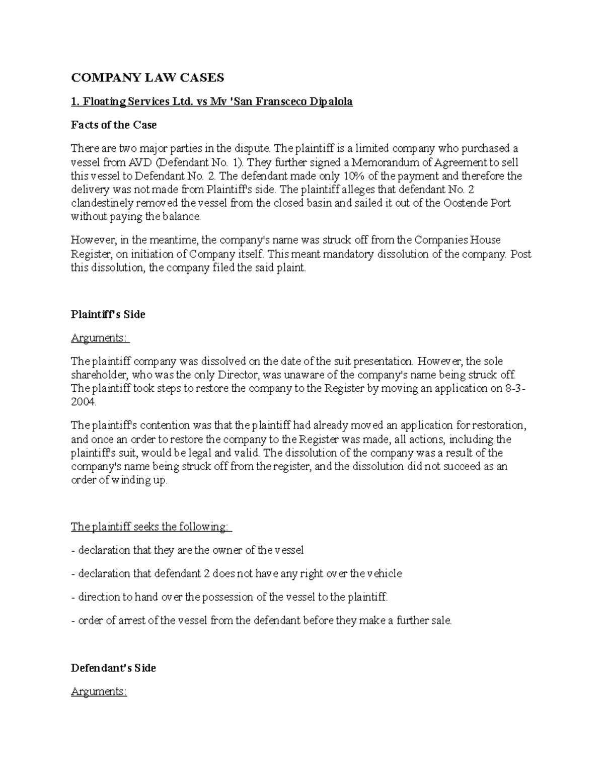 Company Cases - COMPANY LAW CASES Floating Services Ltd. vs Mv 'San ...