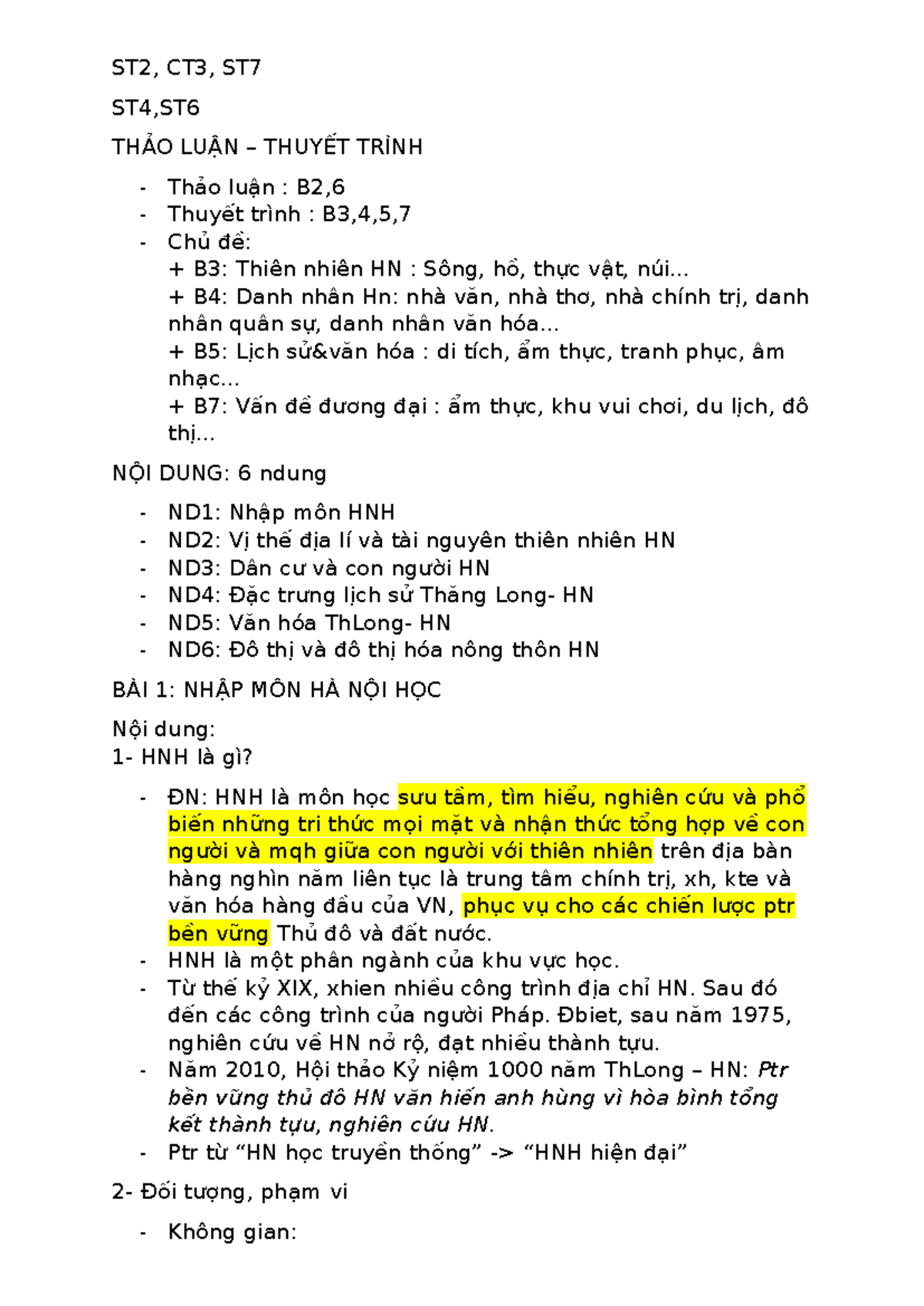 HNH - Buổi 1 - HNH - ST2, CT3, ST ST4,ST THẢO LUẬN – THUYẾT TRÌNH Thảo ...