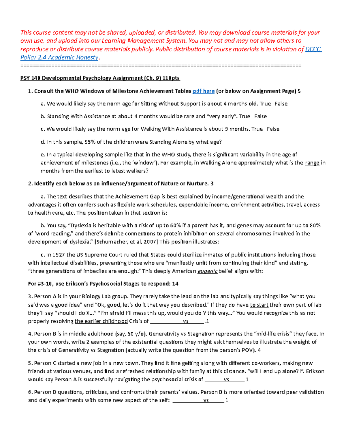 PSY 140 Assignment 3 CH 9 DEV Psych - This course content may not be ...