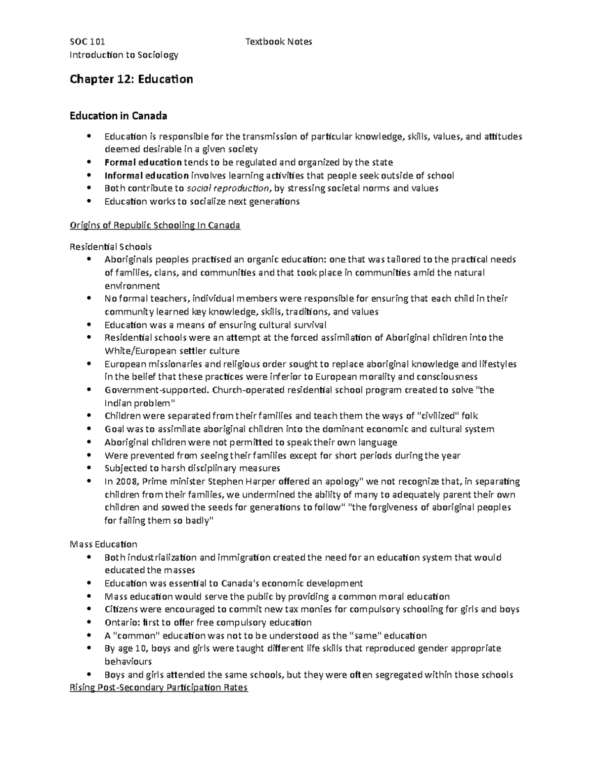 Chapter 12 Education textbook notes - SOC 101 Introduction to Sociology ...