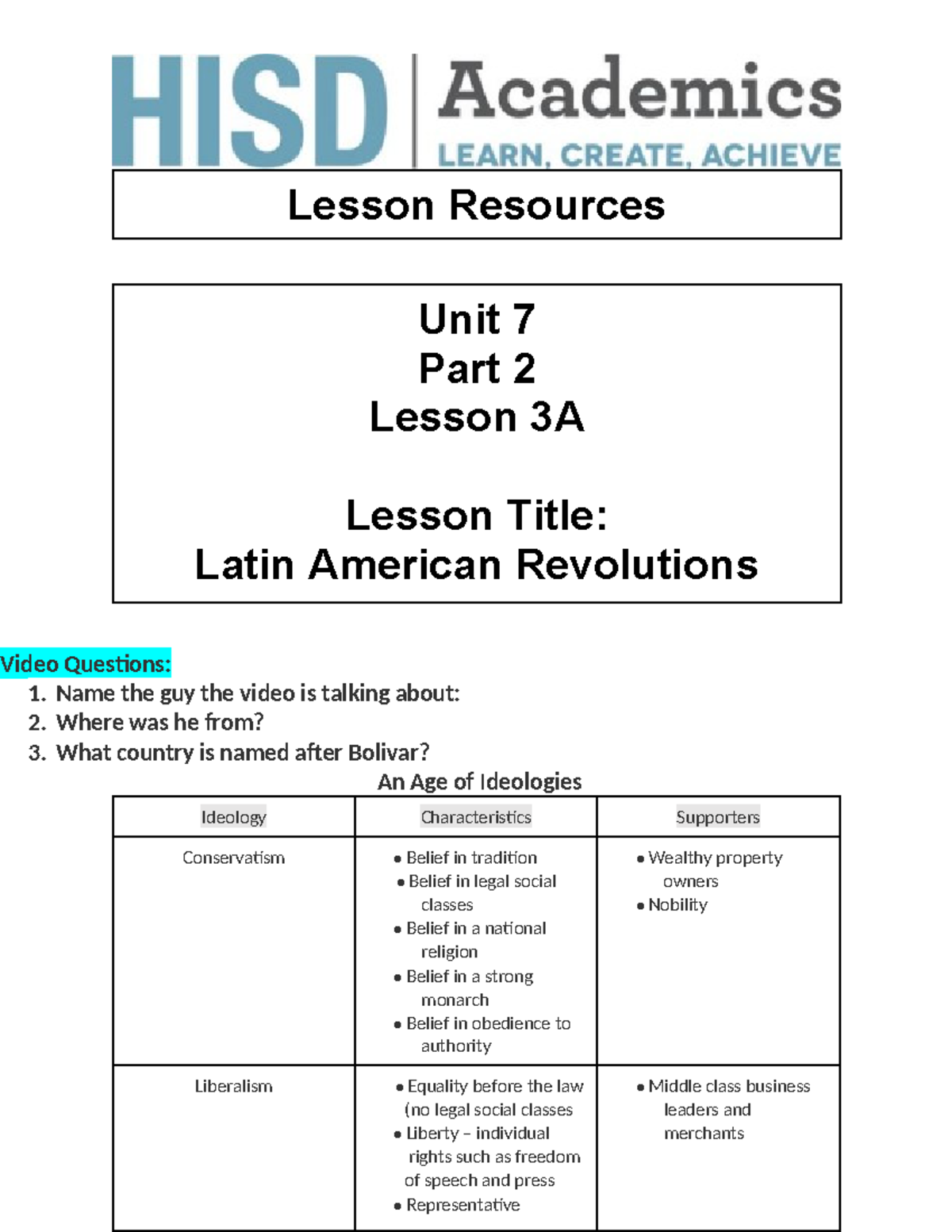 Latin America Revolutions - Lesson Resources Unit 7 Part 2 Lesson 3A ...