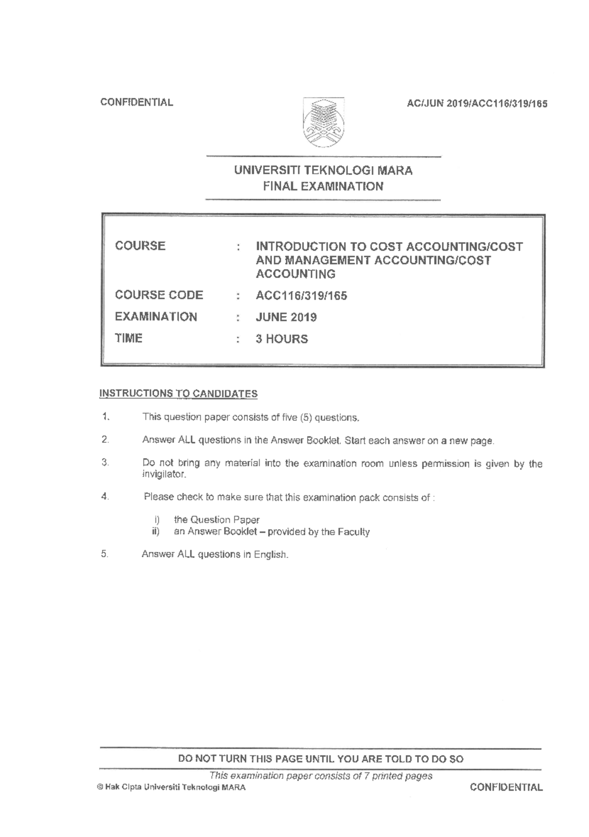 ACC116 JUNE 2019 231127 175252 - Introduction To Cost Accounting - Studocu