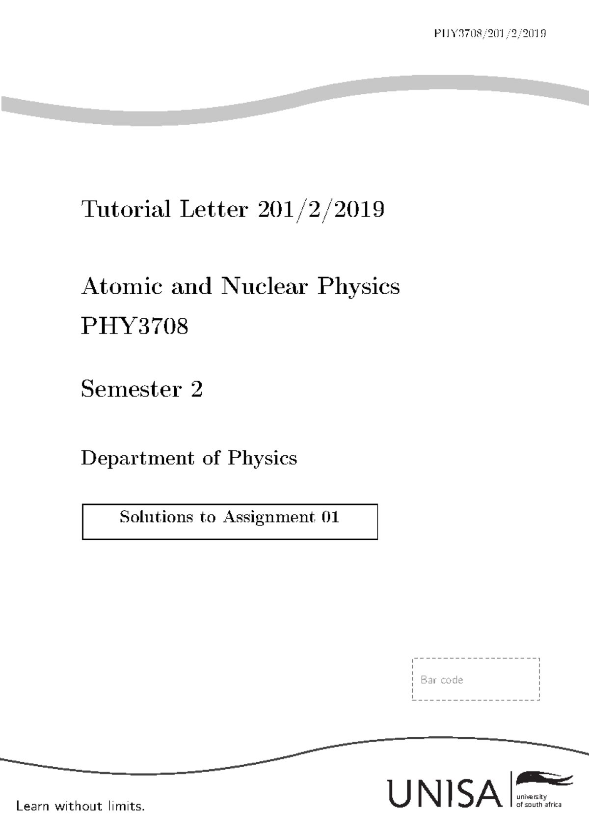 PHY3708 TL 201 2019 - SEMESTER 1atomic and nuclear physics Tutorial ...