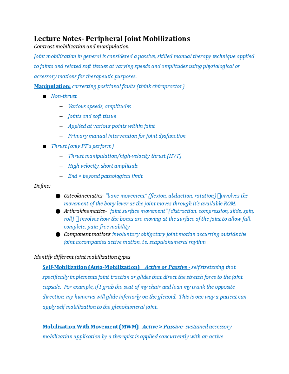 Study Guide – Peripheral Joint MOBS - Lecture Notes- Peripheral Joint ...