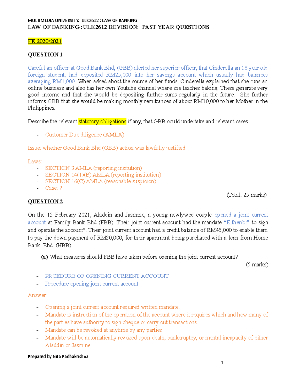 Revision PYQ - LAW OF BANKING :ULK2612 REVISION: PAST YEAR QUESTIONS FE 2020/ QUESTION 1 Careful ...