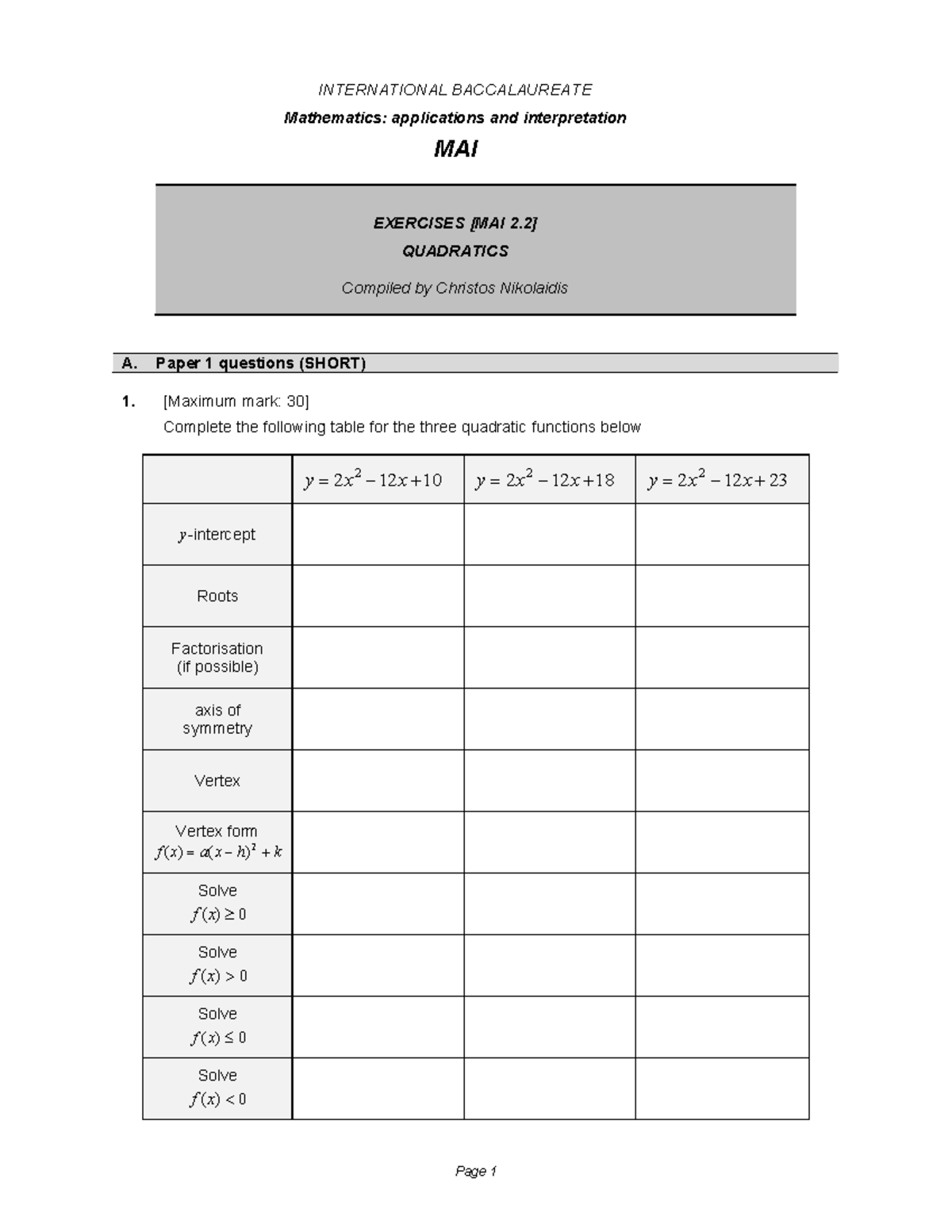 [MAI 2.2] Quadratics - Wow - INTERNATIONAL BACCALAUREATE Mathematics ...