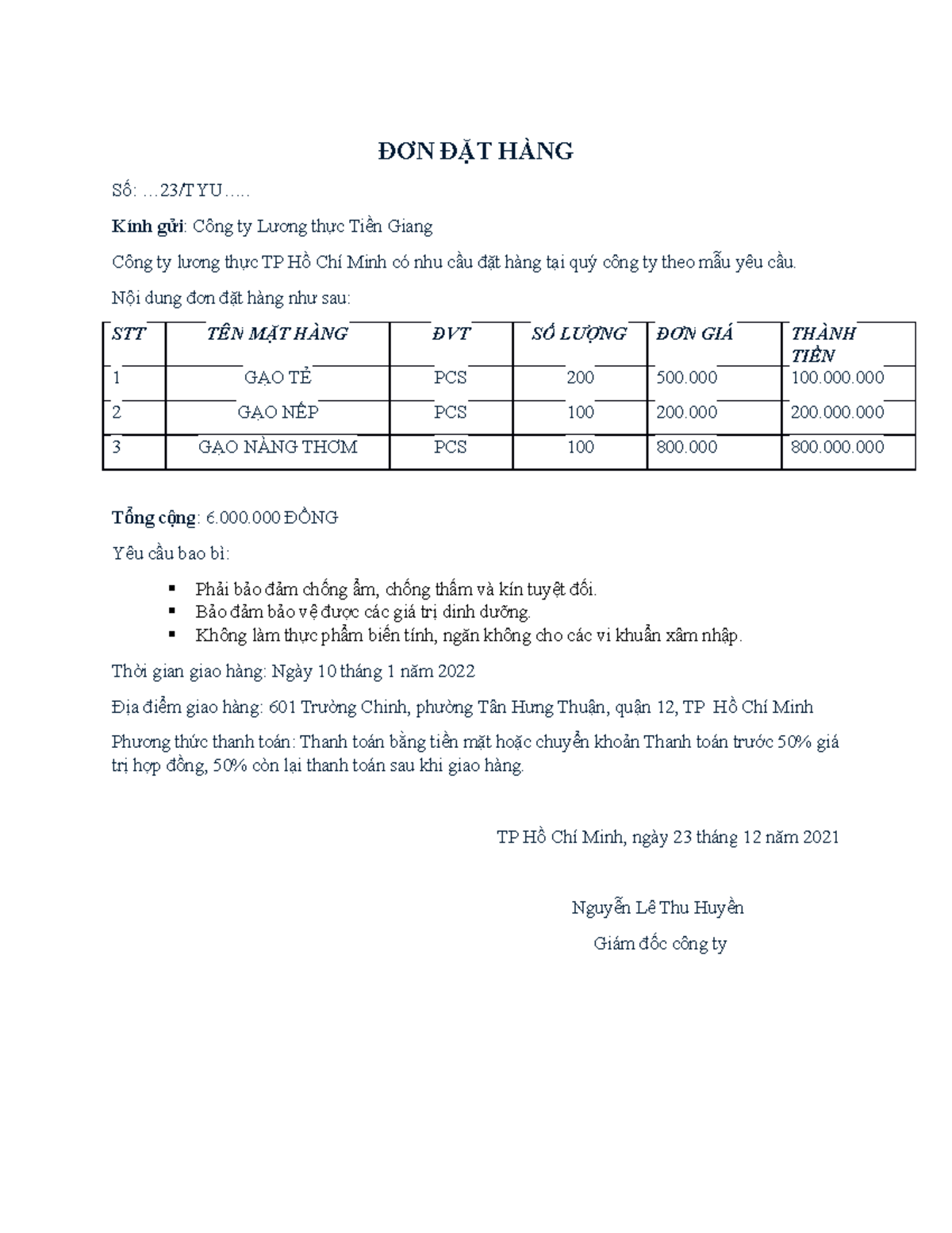 ĐƠN ĐẶT HÀNG - vvvv - ĐƠN ĐẶT HÀNG Số: ../TYU..... Kính gửi : Công ty ...