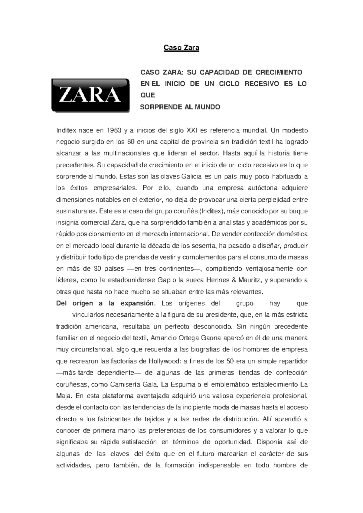 Lectura Caso Zara - Caso Zara CASO ZARA: SU CAPACIDAD DE CRECIMIENTO EN ...
