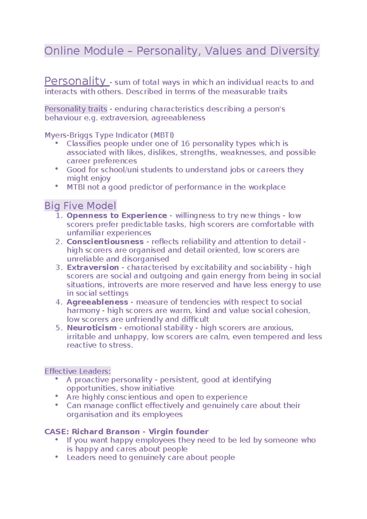 MGTS1601 - Week 3 Notes - Online Module – Personality, Values and ...