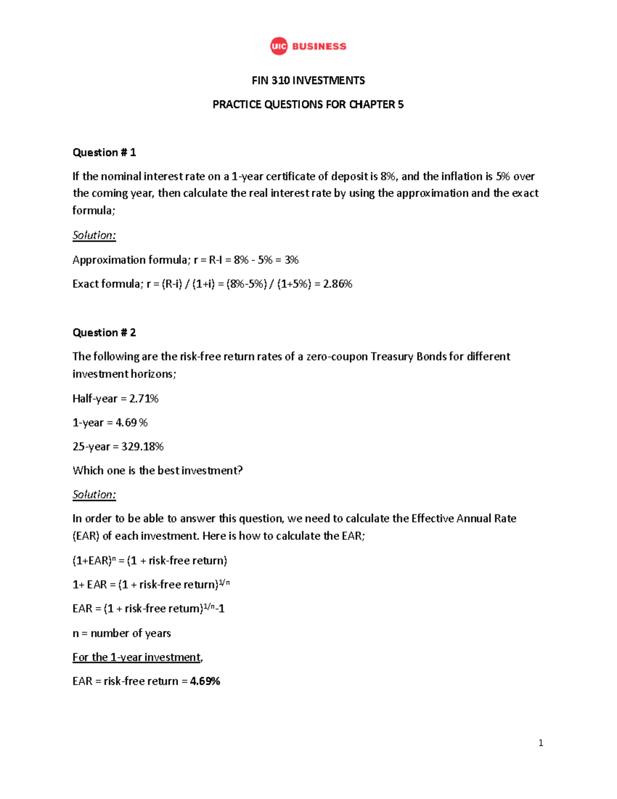 Chapter 5 practice questions - FIN 310 INVESTMENTS PRACTICE QUESTIONS ...