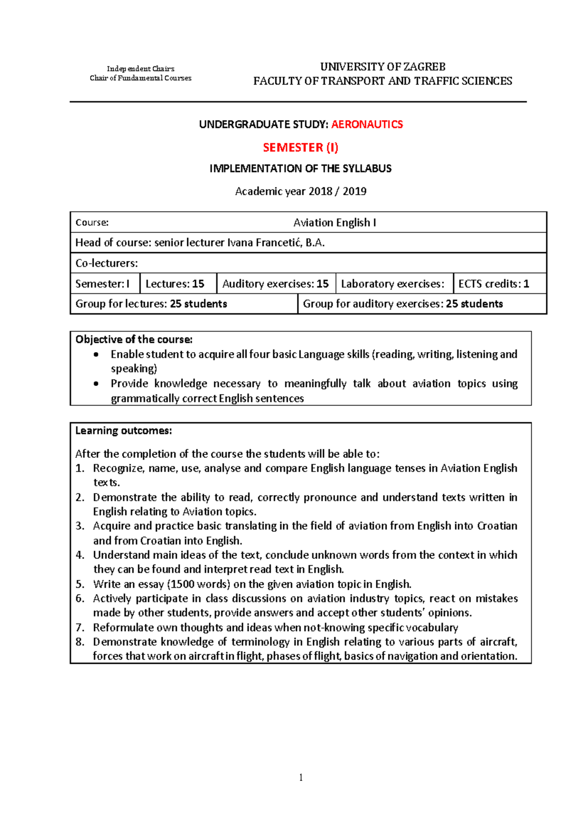 Course Syllabus Aviation English I - Chair of Fundamental Courses ...