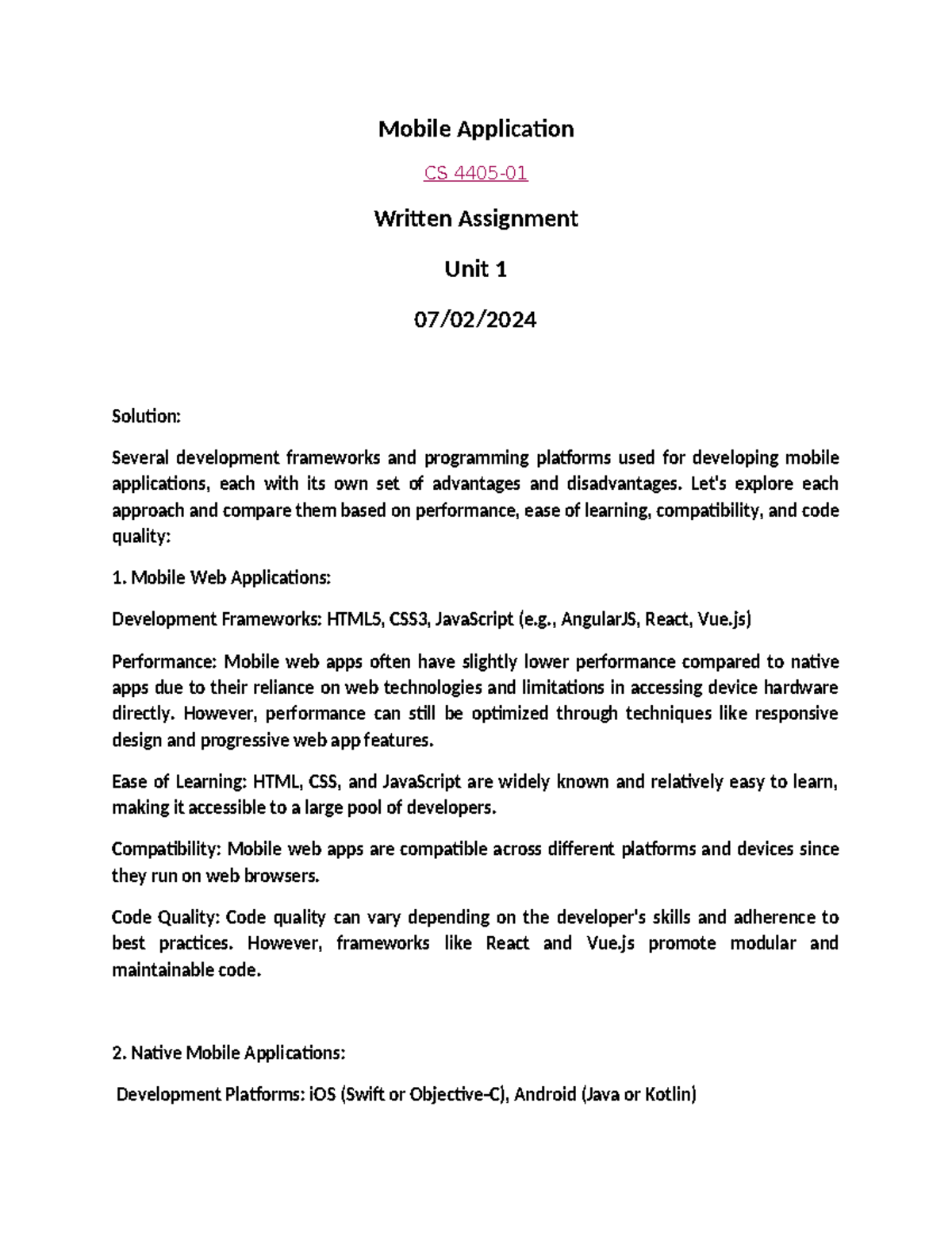 Mobile Application Written Assignment Unit 1 - Mobile Application CS 4405- Written Assignment ...