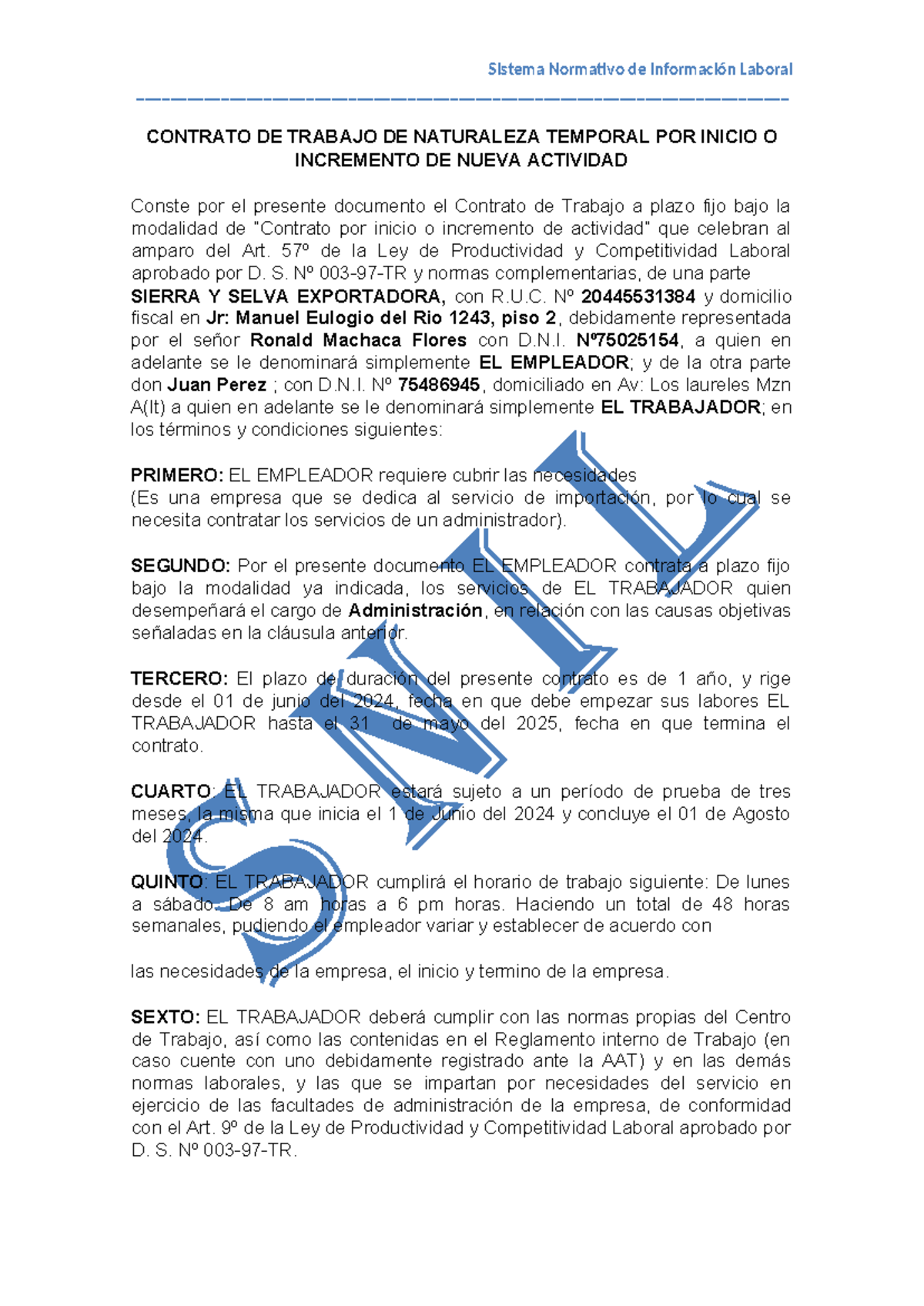 1 Contrato DE Trabajo POR Inicio DE Nueva Actividad word - Sistema Normativo de Información ...