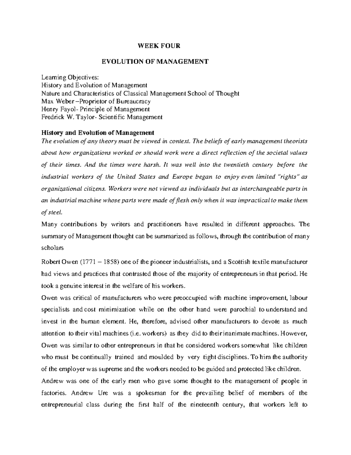 WEEK FOUR - WEEK FOUR EVOLUTION OF MANAGEMENT Learning Objectives ...