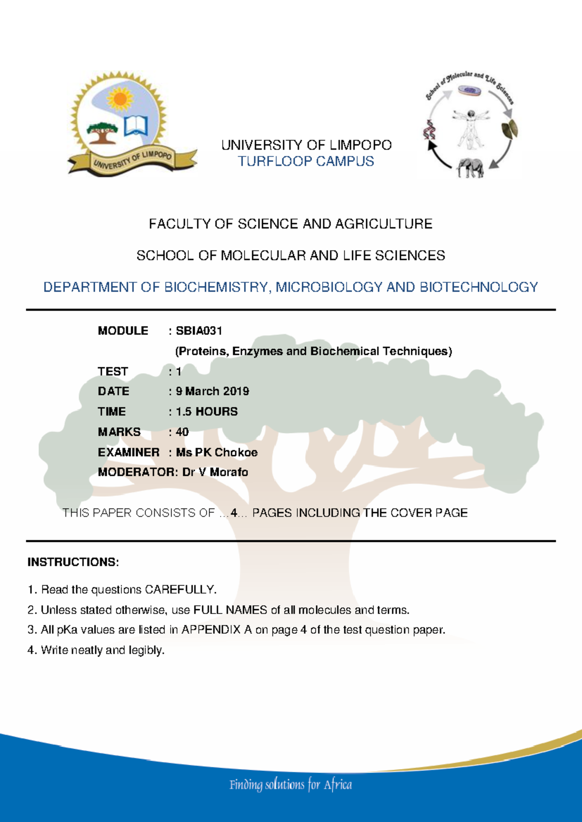 SBIA031 Test 1 2020 - test one question paper - UNIVERSITY OF LIMPOPO ...