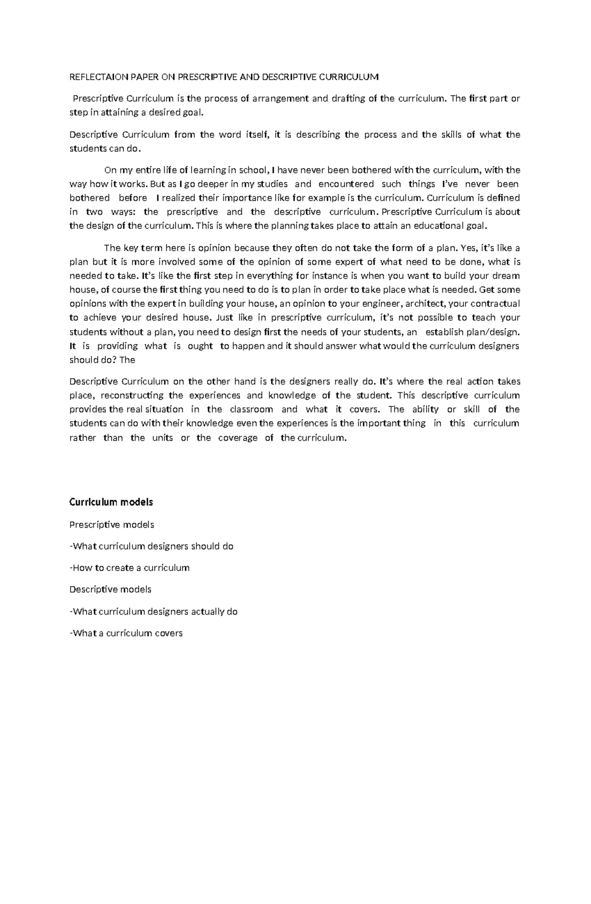 Reflectaion Paper ON Prescriptive AND Descriptive Curriculum ...