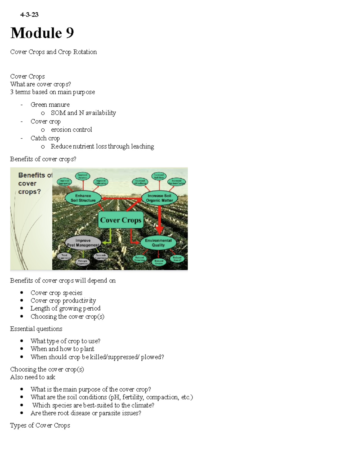 Soil Science Module 9 notes - 4-3- Module 9 Cover Crops and Crop ...
