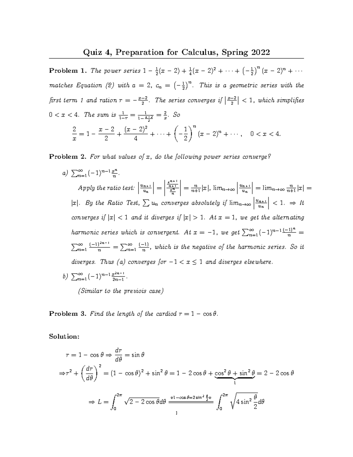 Quiz4prep - radius of convergence - Quiz 4, Preparation for Calculus ...