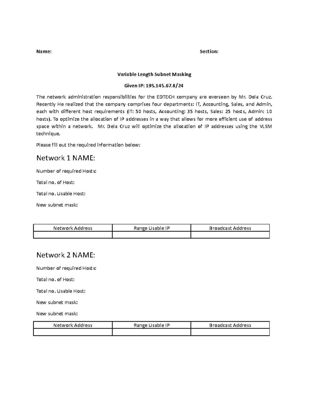 Lab activity vlsm graciellehinayon - Name: Section: Variable Length ...