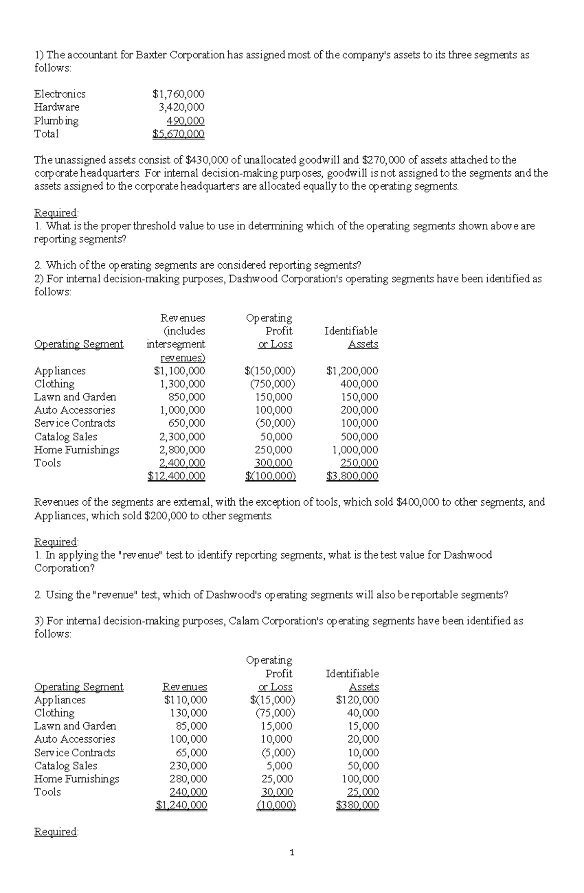 Interim and segment reporting - The accountant for Baxter Corporation has assigned most of the ...