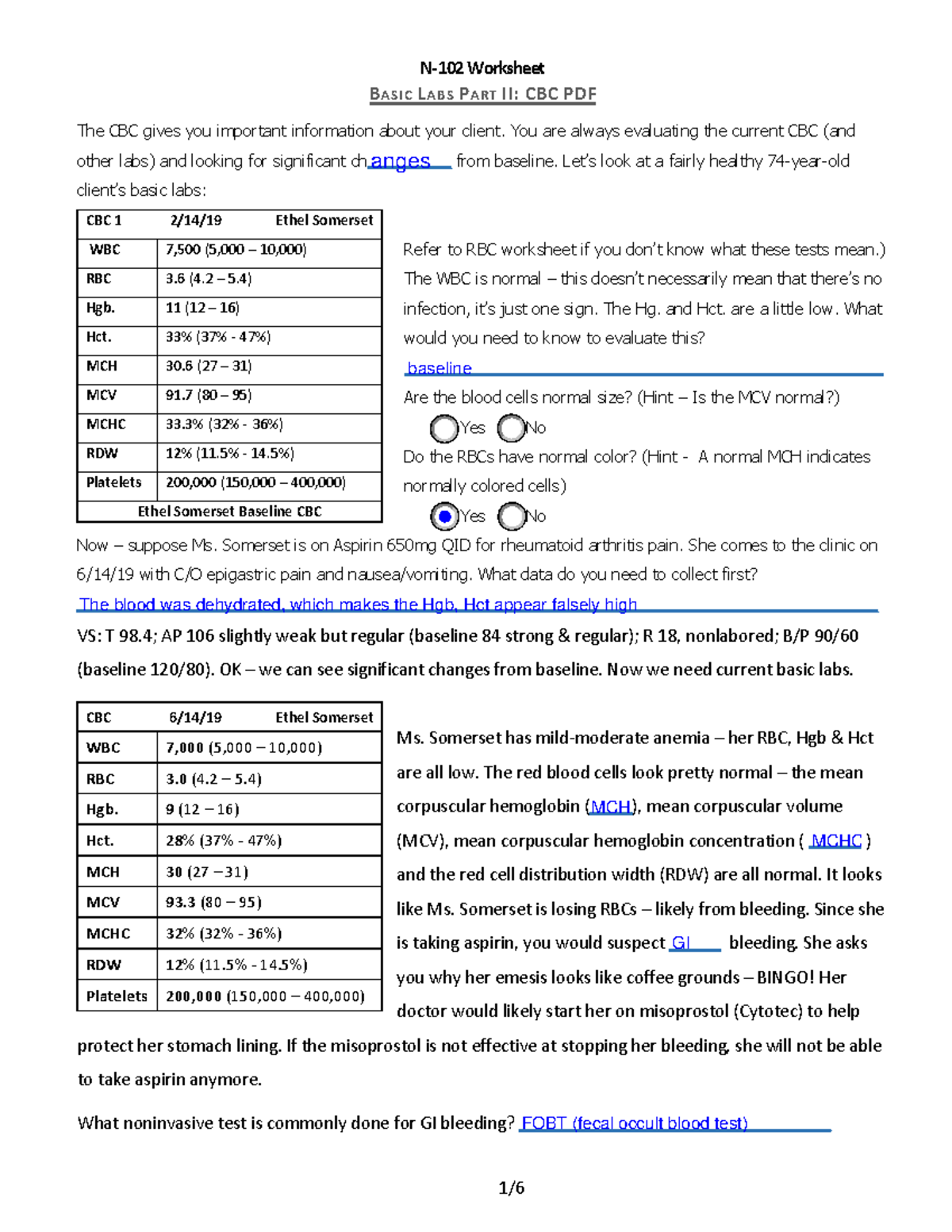 Interpreting Basic Labs (Part II) CBC August, 2022 - N-102 Worksheet BASIC LABS PART II: CBC PDF ...