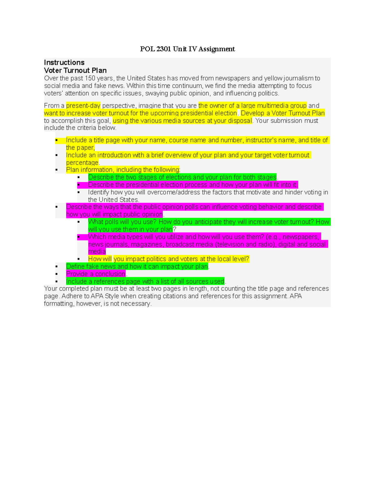 POL 2301 Unit IV Assignment - POL 2301 Unit IV Assignment Instructions Voter Turnout Plan Over ...