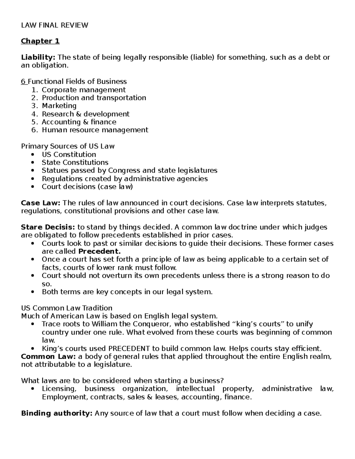 Law final review notes - LAW FINAL REVIEW Chapter 1 Liability: The ...